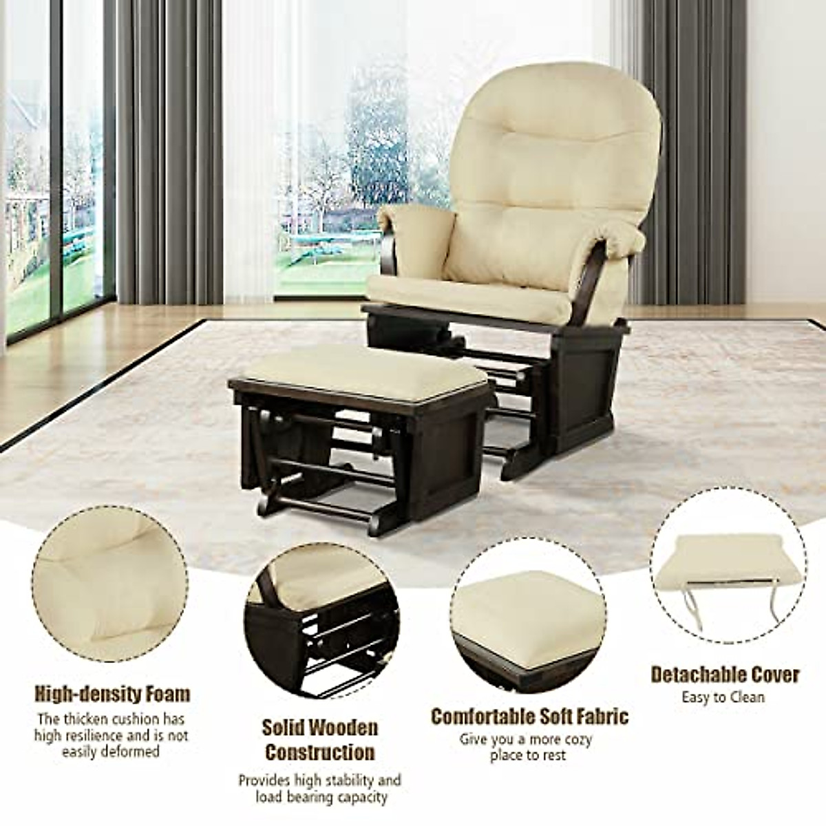 Costzon Baby Glider and Ottoman Cushion Set, Wood Baby Rocker Nursery Furniture for Napping, Nursing, Reading, Upholstered Comfort Nursery Chair w/Padded Armrests & Detachable Cushion (Beige)