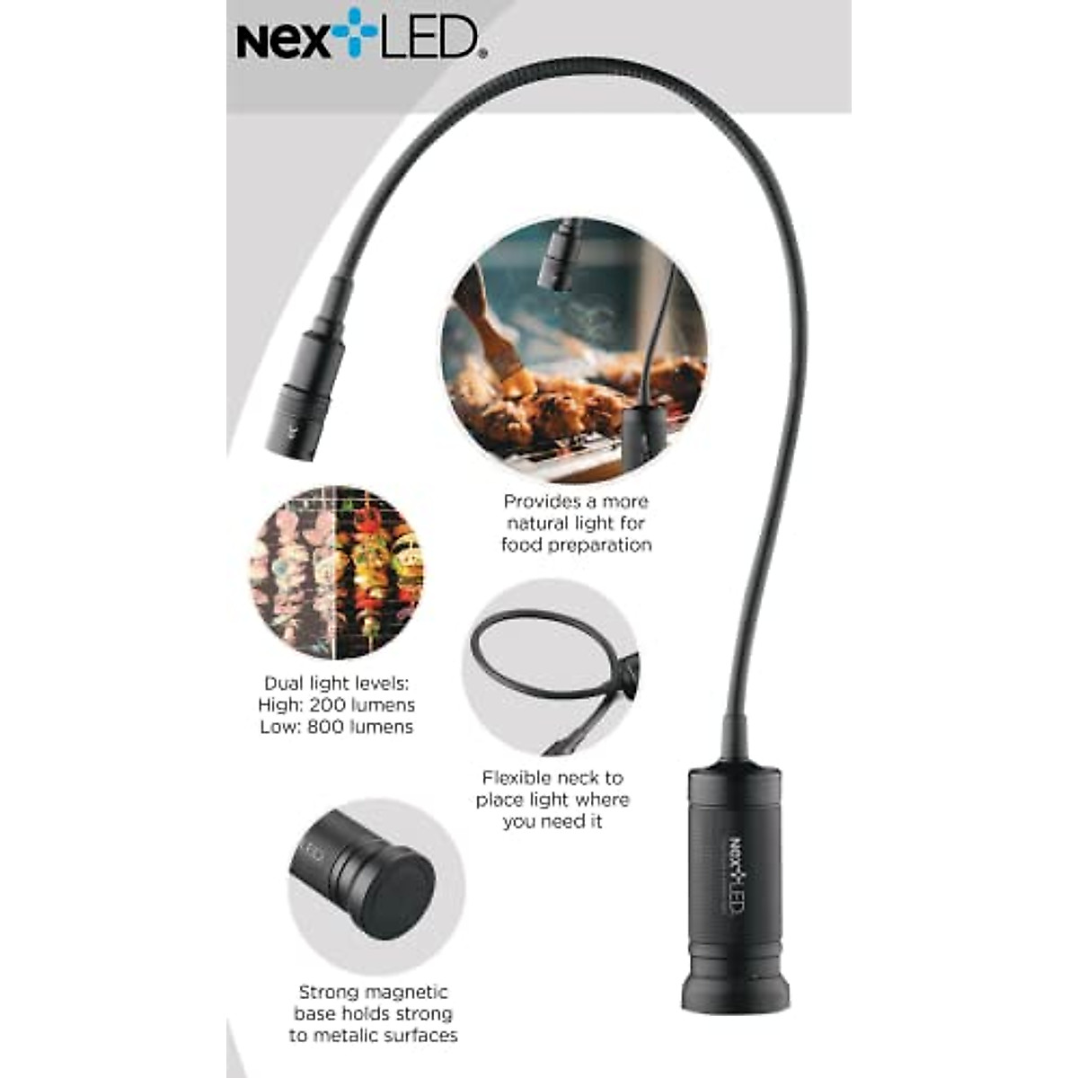 NextLED NT-7647-F Magnetic BBQ Grilling Light for Outdoor Grill, 18-Inch Flexible Gooseneck, Heat & Weather Resistant, IP-54, Warm Natural Lighting Shows True Color of Your Food, Perfect Grill Gift