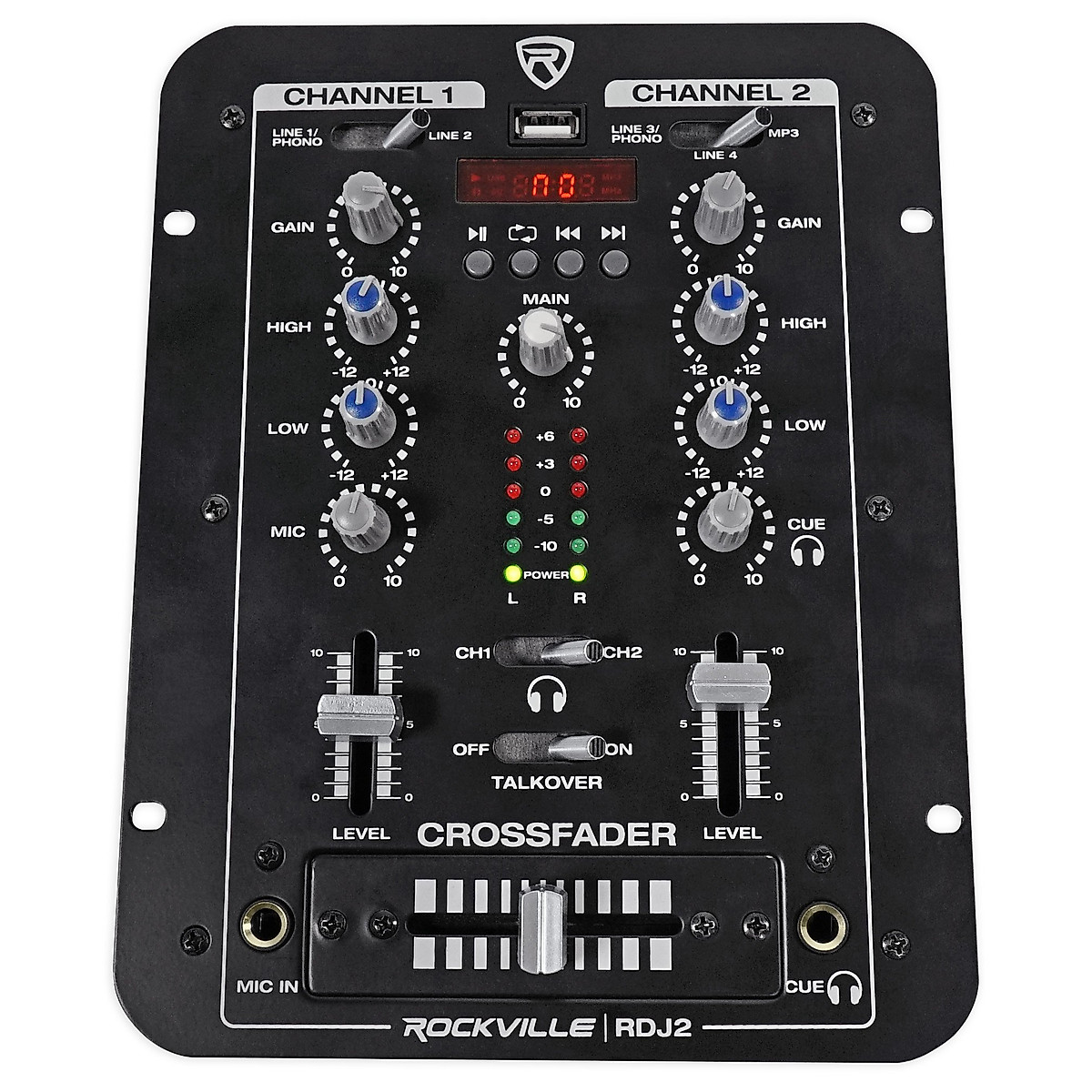 Rockville 2 Channel DJ Mixer with USB, Cue Monitor, Talkover, 4 Line Inputs (RDJ2)