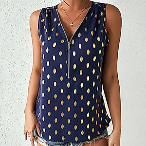 Tank Top for Women Zipper Tank Tops for Women V Neck Dressy Tunic Tops Dots Shirt Fashion Summer Outfits Casual Blouses Trendy Business Casual Outfits for Women Navy