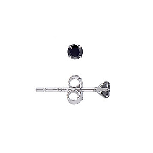 Black Cubic Zirconia Studs Sterling Silver Earrings for Women Man, 3 mm