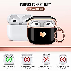 Maxjoy AirPods 3rd Generation Case Cover, Cute Electroplating with Gold Heart Pattern with Lanyard Shockproof Cover for Girls Woman Airpods 3 case-Black
