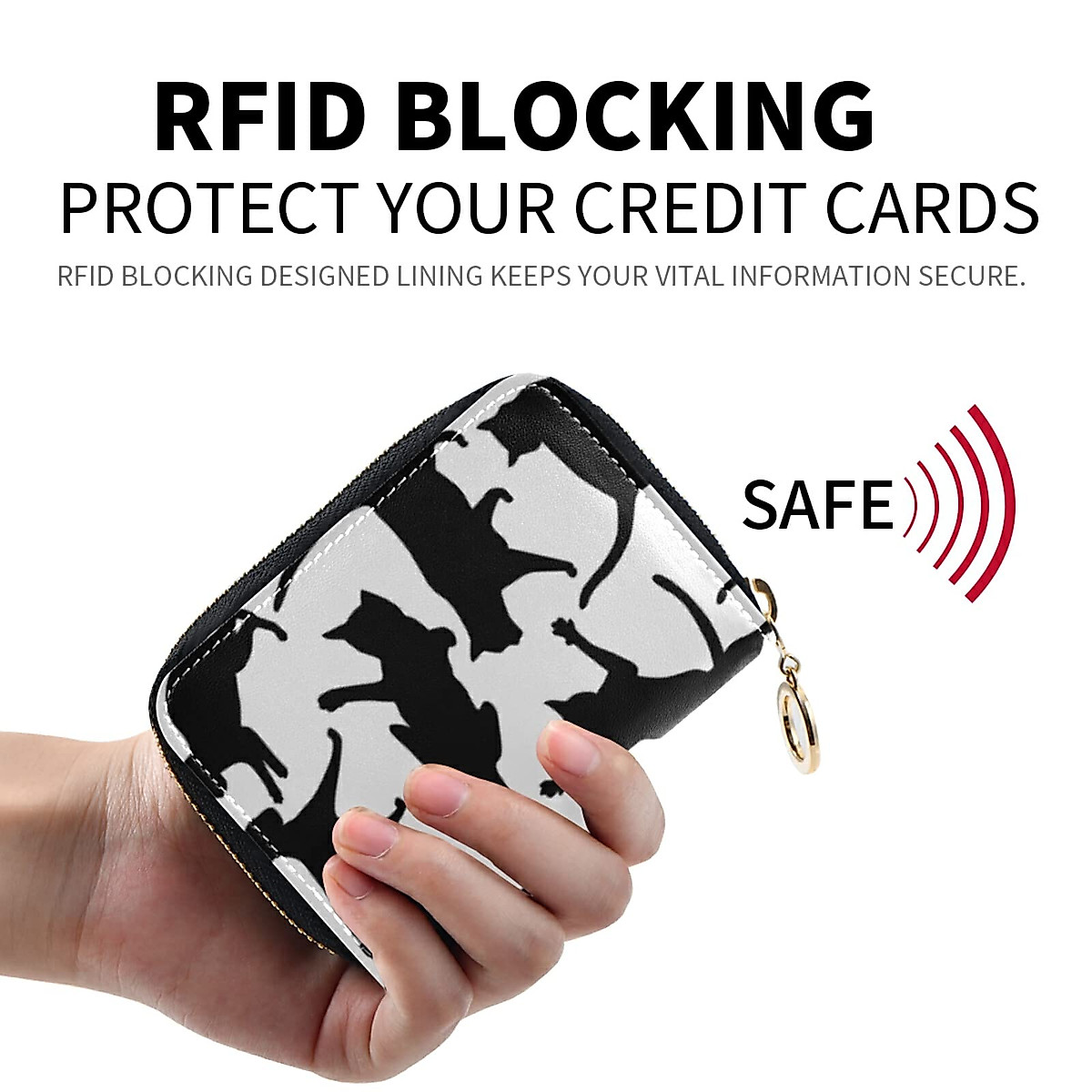 Set of Silhouettes of cats, Icons of cats in Different Poses on WhiteGrey Credit Card Coin wallet, RFID Blocking Compact Women Leather Card Holder, Key Change Organizer, Zipper Purse Clutch Pouch