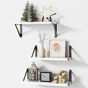 Fun Memories Floating Shelves Wall Mounted Set of 3, 16.5 Inch Natural Wood Wall Shelves, Decor Storage Shelf for Bedroom Bathroom Living Room Office Pictures Plants Books Cats TV (White and Black)