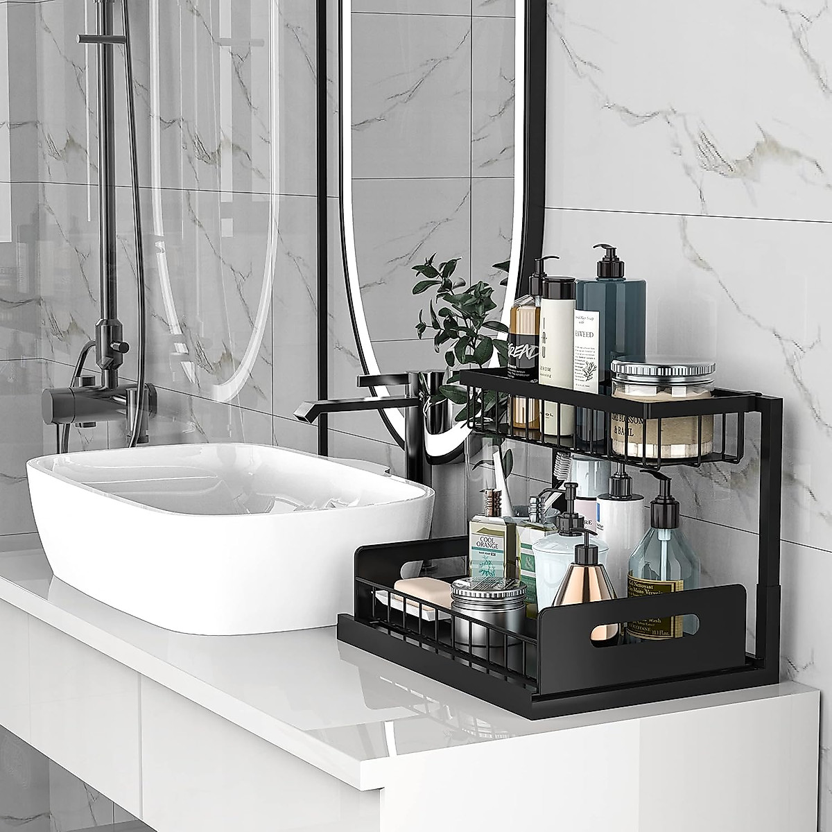 2 Pack Under Sink Organizers and Storage, UINOFLE 2 Tier Sliding Cabinet Organizer Drawer with 8 Hooks Adjustable Depth Pull Out Cabinet Organizer Multi-Purpose Organizer for Bathroom Kitchen (Black)