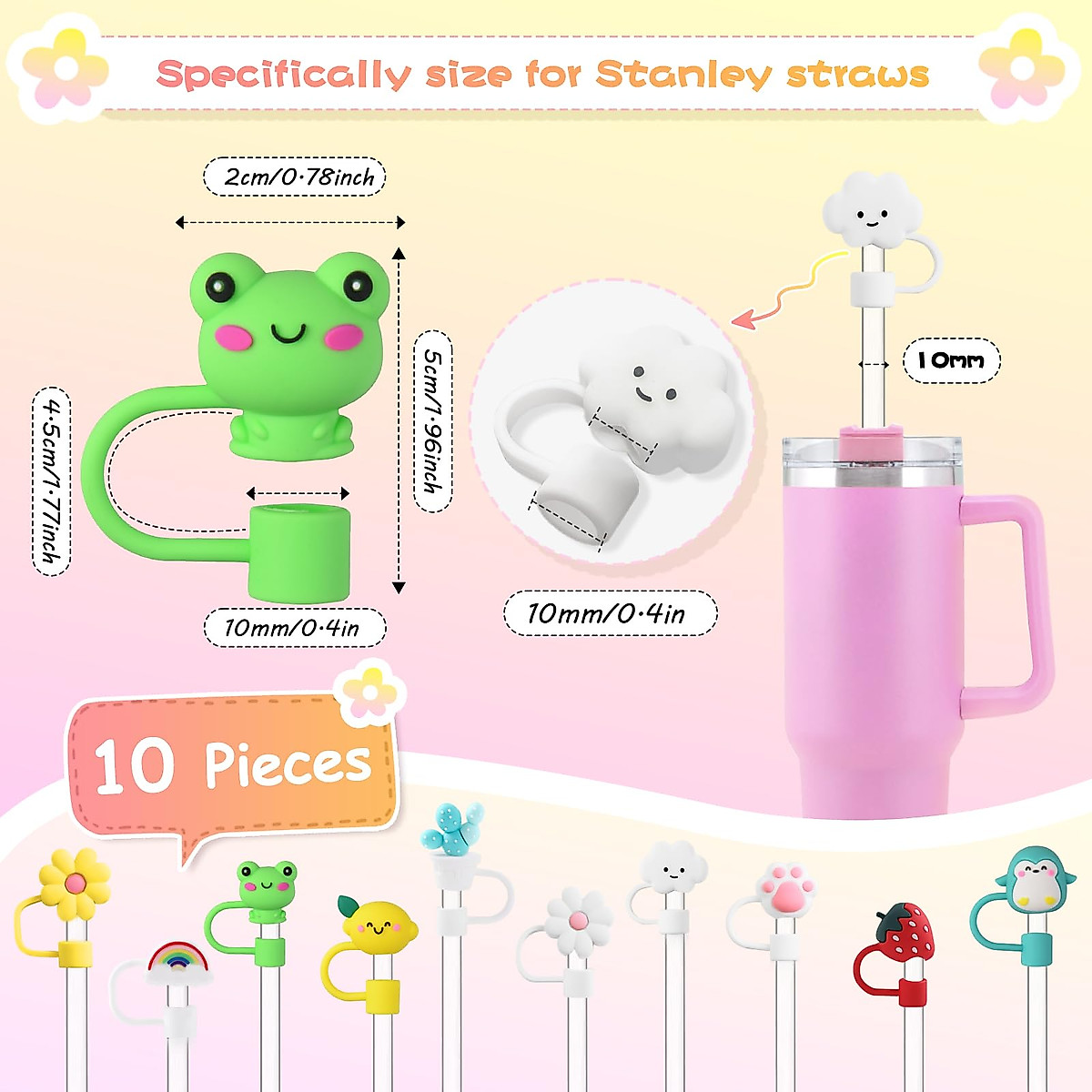 10pcs Straw Cover Cap for Stanley Cup 30&40 Oz, Tumbler Shape Straw Lids Silicone Straw Topper Straw Tips Cover Reusable Straw Plugs Soft Cute Straw Dispenser Tips for 8-10 mm Stanley Cups Straws