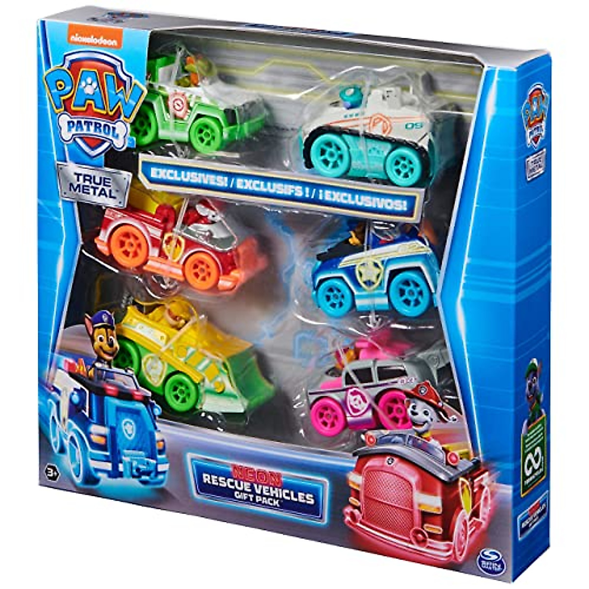 Paw Patrol, True Metal Neon Rescue Vehicle Gift Pack of 6 Collectible Die-Cast Toy Cars, 1:55 Scale, Kids Toys for Boys and Girls Ages 3 and up