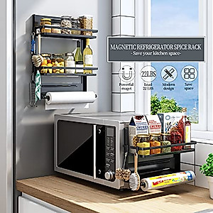 PINNIYOU Magnetic Spice Rack with Paper Towel Holder for Mother's Day Gifts, Magnetic Shelf with 4 Hooks for Refrigerator, 3 Tier Magnetic Fridge Organizer for Kitchen Storage Spices, Pepper, Black