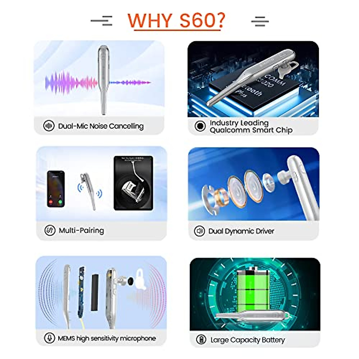 Glazata Wireless Headset with Dual MIC Noise Cancelling, apt-X & apt-X HD for Driving, Office, Business, Compatible with Cell Phone and PC - 「Silver」