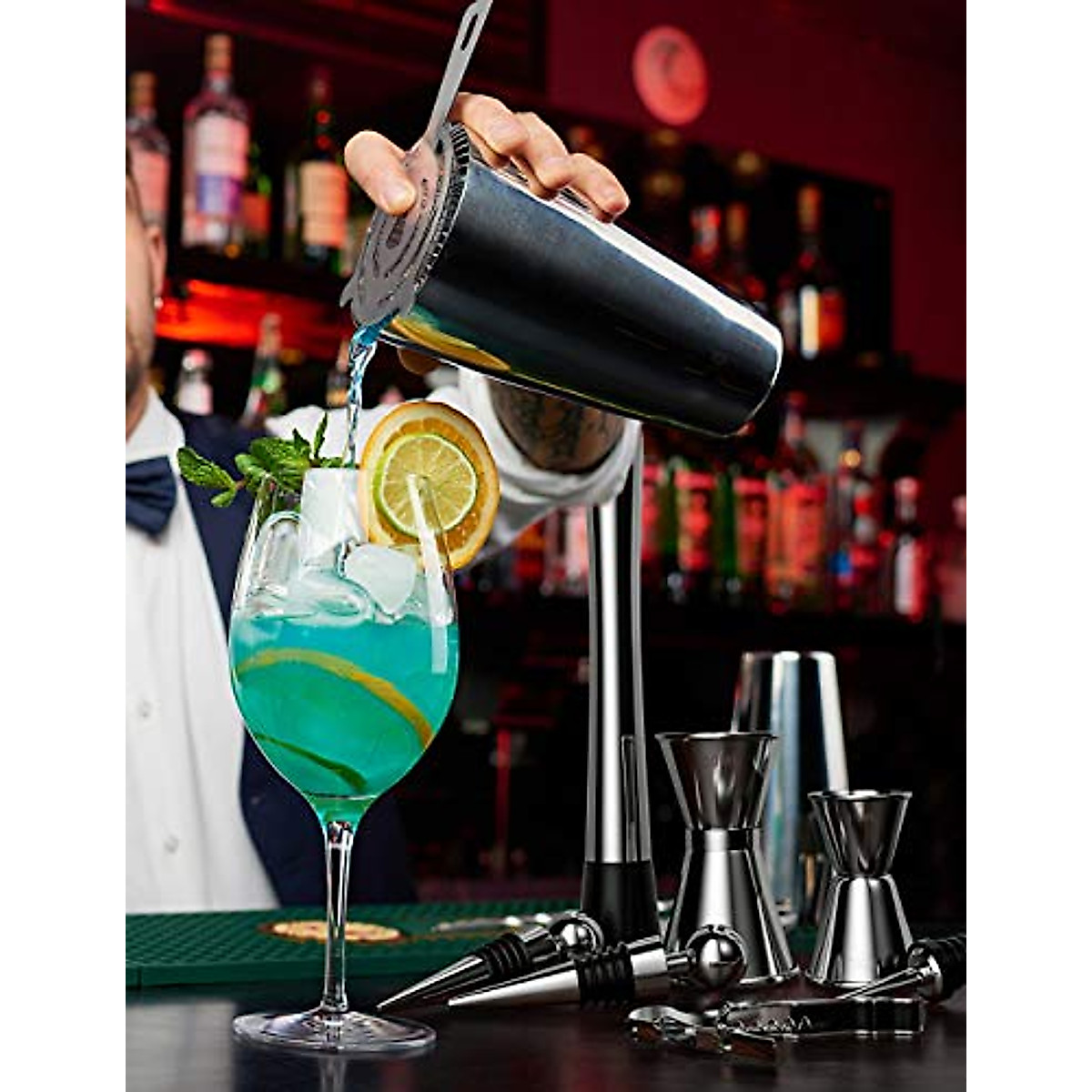 Bokhot Bartender Kit, 14 Piece Cocktail Shaker Set Stainless Steel Bar Tools with Rotating Stand, 25 oz Shaker Tins, Jigger, Spoon, Pourers, Muddler, Strainer, Tongs, Bottle Stoppers, Opener, Recipes