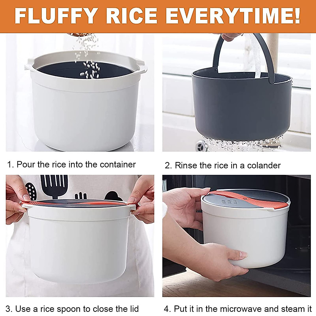 Microwave Rice Cooker Set, 2L Large Capacity Microwave Rice Cooker Steamer, Multifunctional Rice Spoon Lid Strainer Steaming Pot Rice Cooker for Home Kitchen Cooking