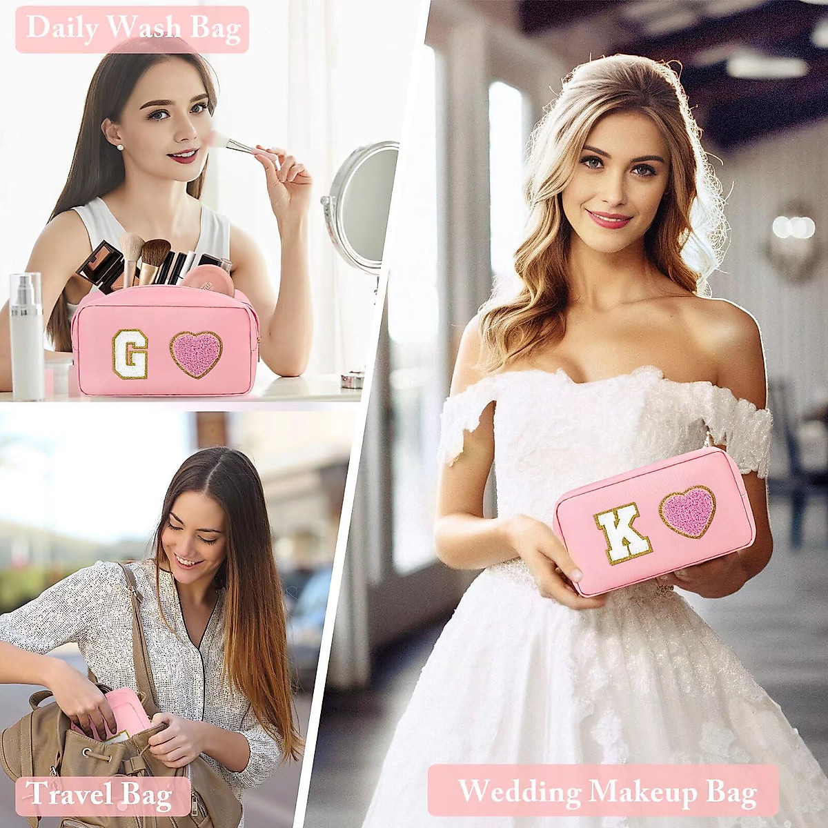 TOPEAST A-Z Personalized Makeup Bag, Chenille Letters Cosmetic Toiletry Bag | Nylon Cosmetic Pouch Bag | Portable Waterproof Travel Organizer Initial Preppy Makeup Pouch Teen Girl Gifts, Letter C