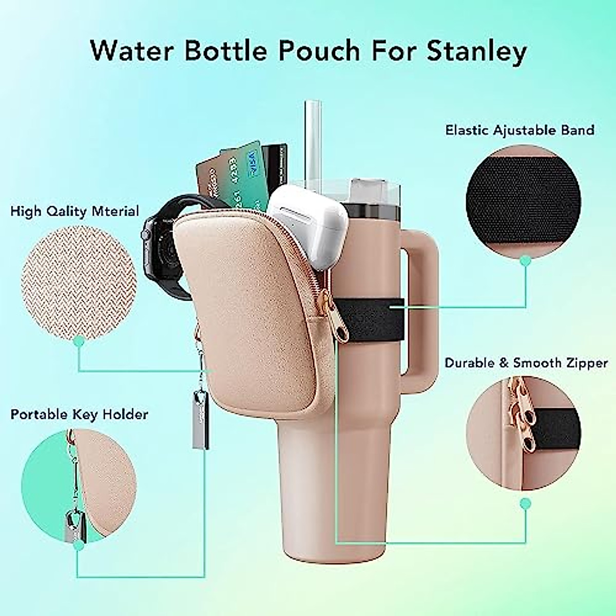 SAPYONY 2pcs Water Bottle Pouch For Stanley Quencher Adventure 40oz & Stanley IceFlow 20oz 30oz,tumbler pouch with Pocket, for Cards, Keys, Wallet, Earphone,Compact, Versatile(Khaki, Lake Green)
