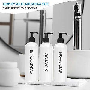 Empty White Plastic Shampoo & Conditioner Bottles (Pack of 6, 17 Fl. Oz) - 3 Screen Printed Bottles and 3 Bottles with 6 Transparent Stckers