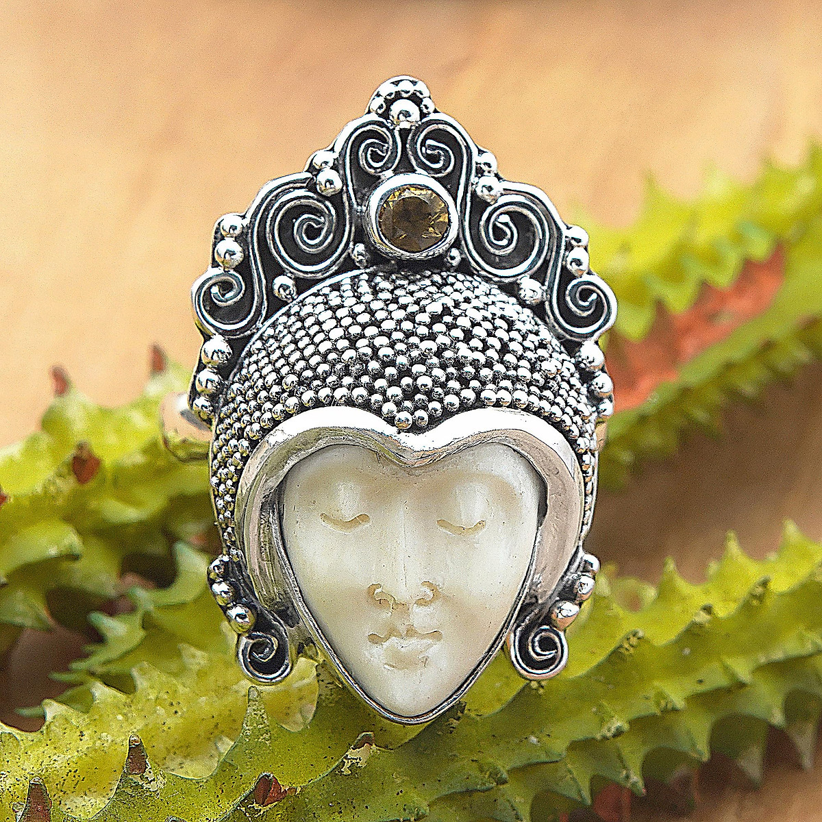 NOVICA Artisan Handmade Citrine Cocktail Ring Cow Bone Silver Sterling Yellow Indonesia Birthstone [crownbezel 1.1 in L x 0.7 in W Band Width 3 mm W] ' Sleeping Prince'