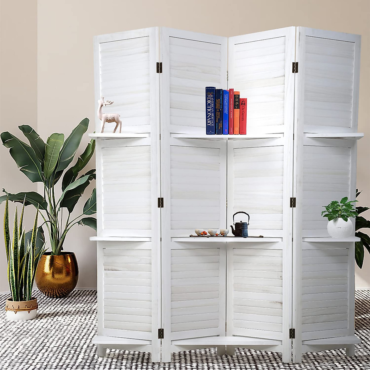 69" H Room Dividers and Folding Privacy Screens, 4 Panel Wooden Room Divider, Partition Room Dividers with 3 Removable Storage Shelves, Portable Room Divider for Home Office Bedroom Divider, White
