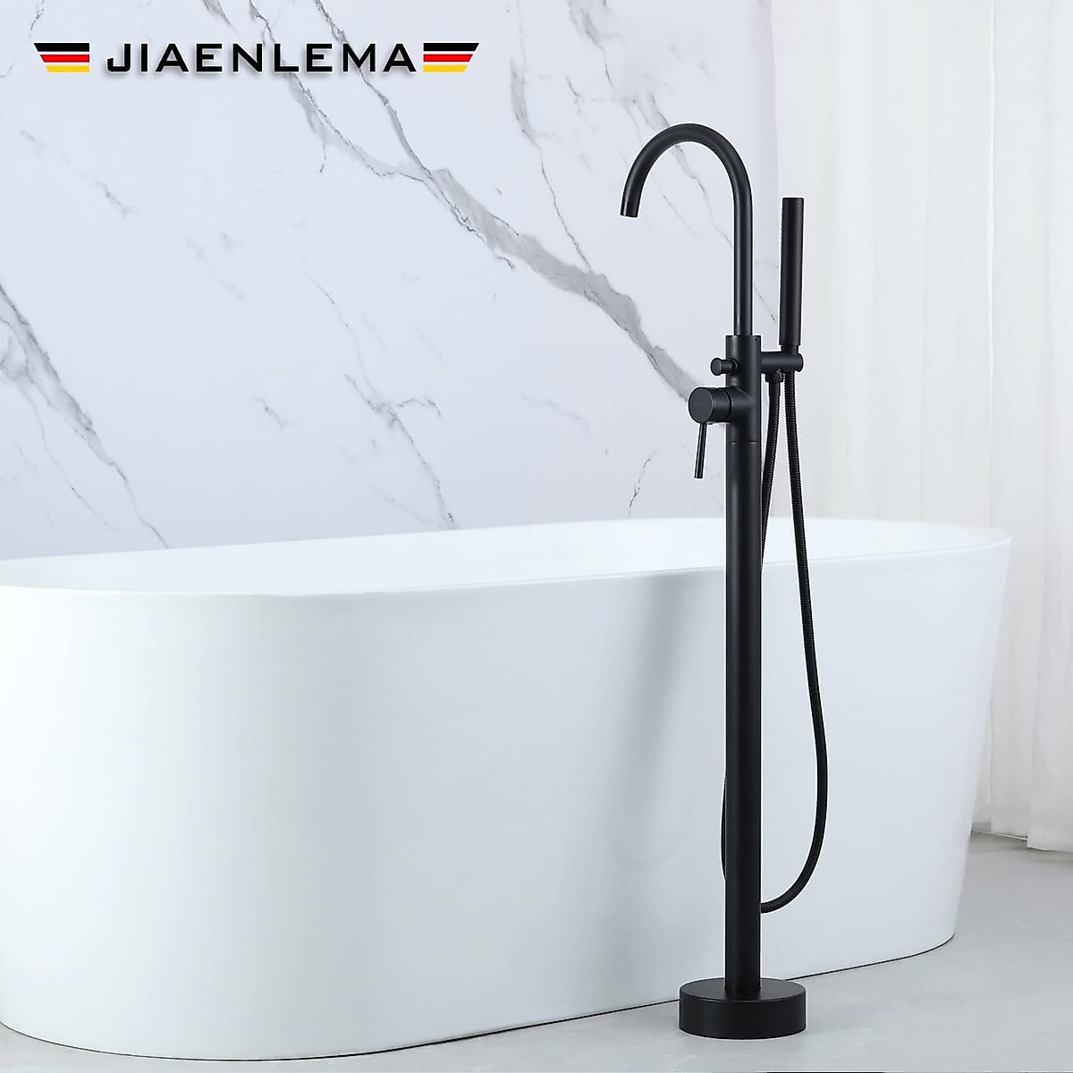 Free Standing Tub Faucet Matte Black Freestanding Bathtub Faucet with Sprayer High Flow Floor Mount Tub Filler with Hand Shower Bathroom Standing Floor Faucet Brass, Single Handle - JIAENLEMA