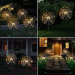 Solar Outdoor Garden Lights, [3 Pack] 360LED Solar Firework Lights 8 Modes Waterproof with Remote Control, Warm Yellow Starburst Fairy Lights for Pathway Backyard Patio Christmas Lawn Wedding Decor