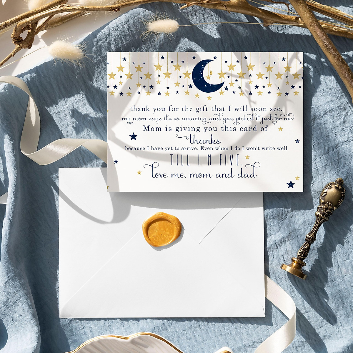 25 Twinkle Little Star Baby Thank You Cards Pack – Boys Baby Shower Notes with Envelopes Set, Prefilled Message, Customizable Personalize Blank Stationery Blue and Gold, New Parents Gift Ideas