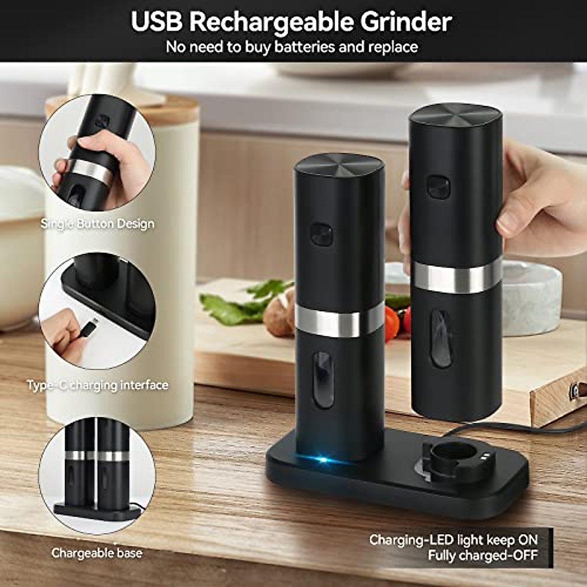 BONNIGHT Electric Salt and Pepper Grinder Set, Automatic Salt & Pepper Mill Refillable with Rechargeable Base, USB Cables, 2 Adjustable Coarseness Mills, One Hand Operation, LED Light
