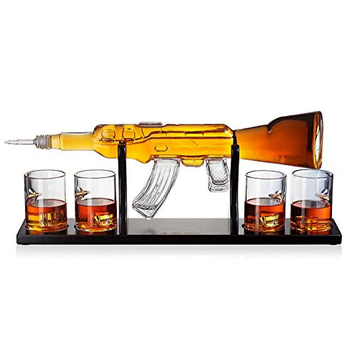 Gun Large Decanter Set Bullet Glasses - Limited Edition Elegant Rifle Gun Whiskey Decanter 22.5" 1000ml With 4 Bullet Whiskey Glasses and Mohogany Wooden Base By The Wine Savant
