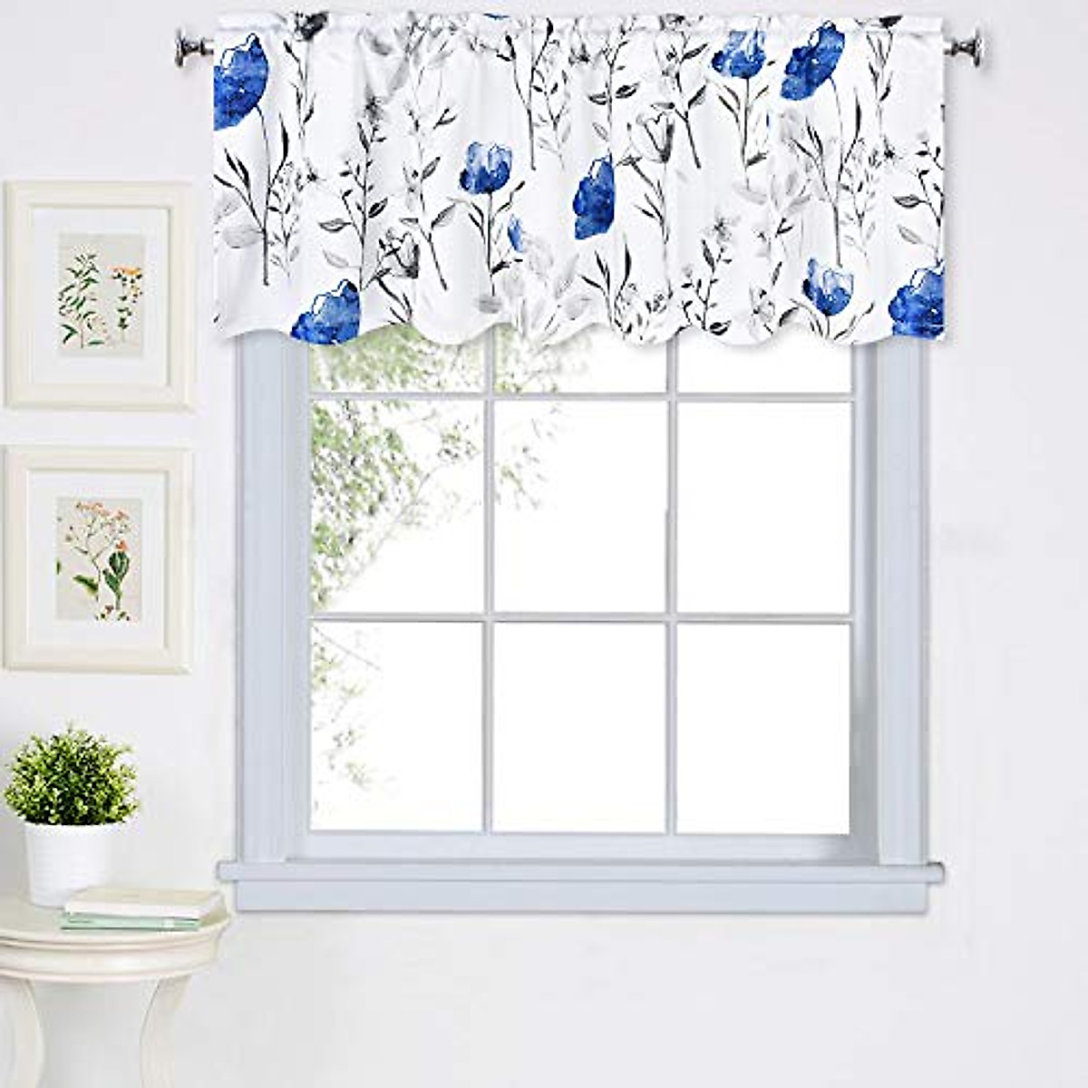 VERTKREA Curtains Flower Watercolor Window Drapes Blue Valance 52 × 18 Inches Flower and Leaves Rod Pocket Valances for Kitchen Bathroom Living Room Bedroom Nursery 1 Panel