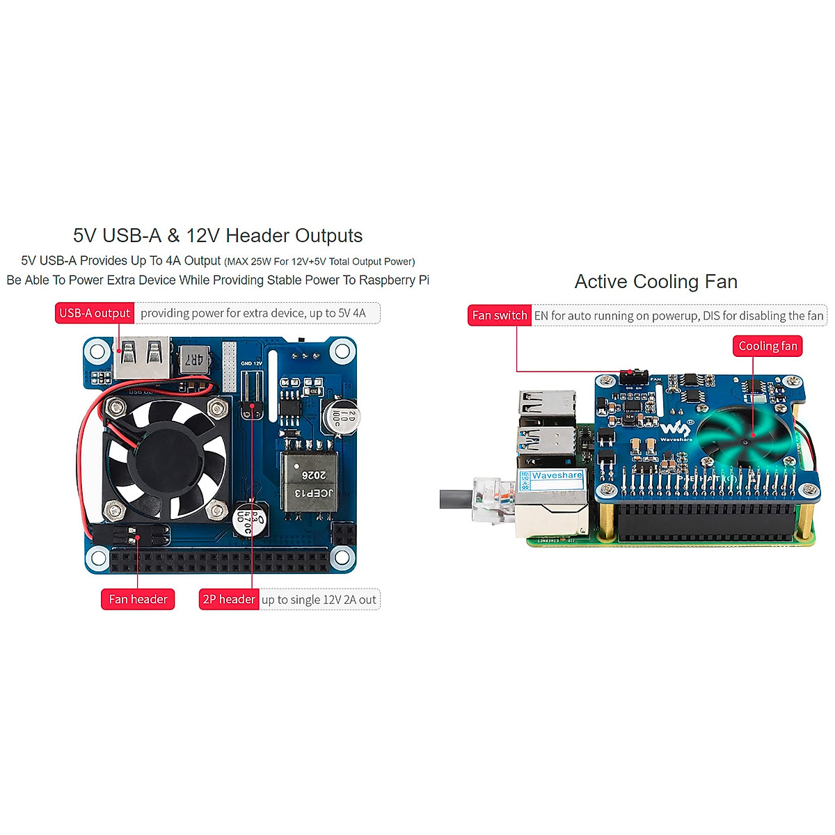 BFab Power Over Ethernet (C) for Raspberry Pi 4B/3B+, POE HAT Board with Cooling Fan,Support IEEE 802.3af/at-Compliant Network,5V USB-A and 12V Header Outputs to Use More Peripherals