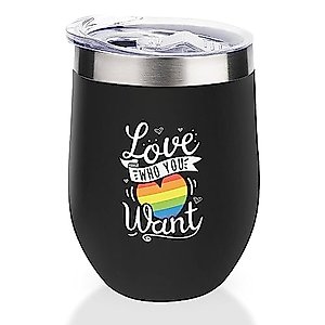 Mighun Love Who Your Want Wine Tumbler with Lid, Pansexual Bisexual LGBTQ Vacuum Coffee Tumbler, Gay Pride Stemless Insulated Wine Glasses Cup for Champaign, Cocktail, Beer