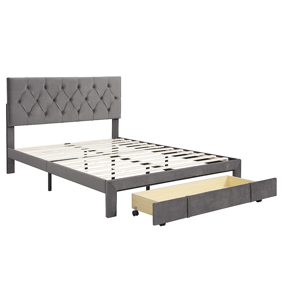 FEELHOME Queen Size Storage Bed with Drawer, Velvet Upholstered Platform Bed Frame with A Big Drawer and Headboard, Wooden Slat Support, Bedroom Furniture, Grey