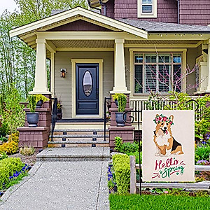 Spring Corgi with Flower Garden Flag Vertical Double Sided 12.5x18 Inch Burlap Rustic Farmhouse Yard Outdoor Flag Décor