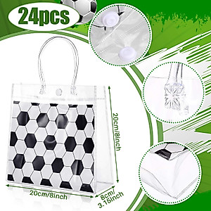 Sweetude 24 Pieces Soccer Gift Bags with Handles 8x8x3.15 Inch Soccer Party PVC Treat Bags Soccer Clear Favor Bags Sports Theme Birthday Party Favor Bag Bulk for Sports Party Competition