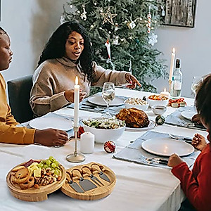 Bamboo Cheese Board and Knife Set,Round Charcuterie Board Set with 4 Knives,Cheese Board Set with Slide-Out Drawer,House Warming Gifts New Home