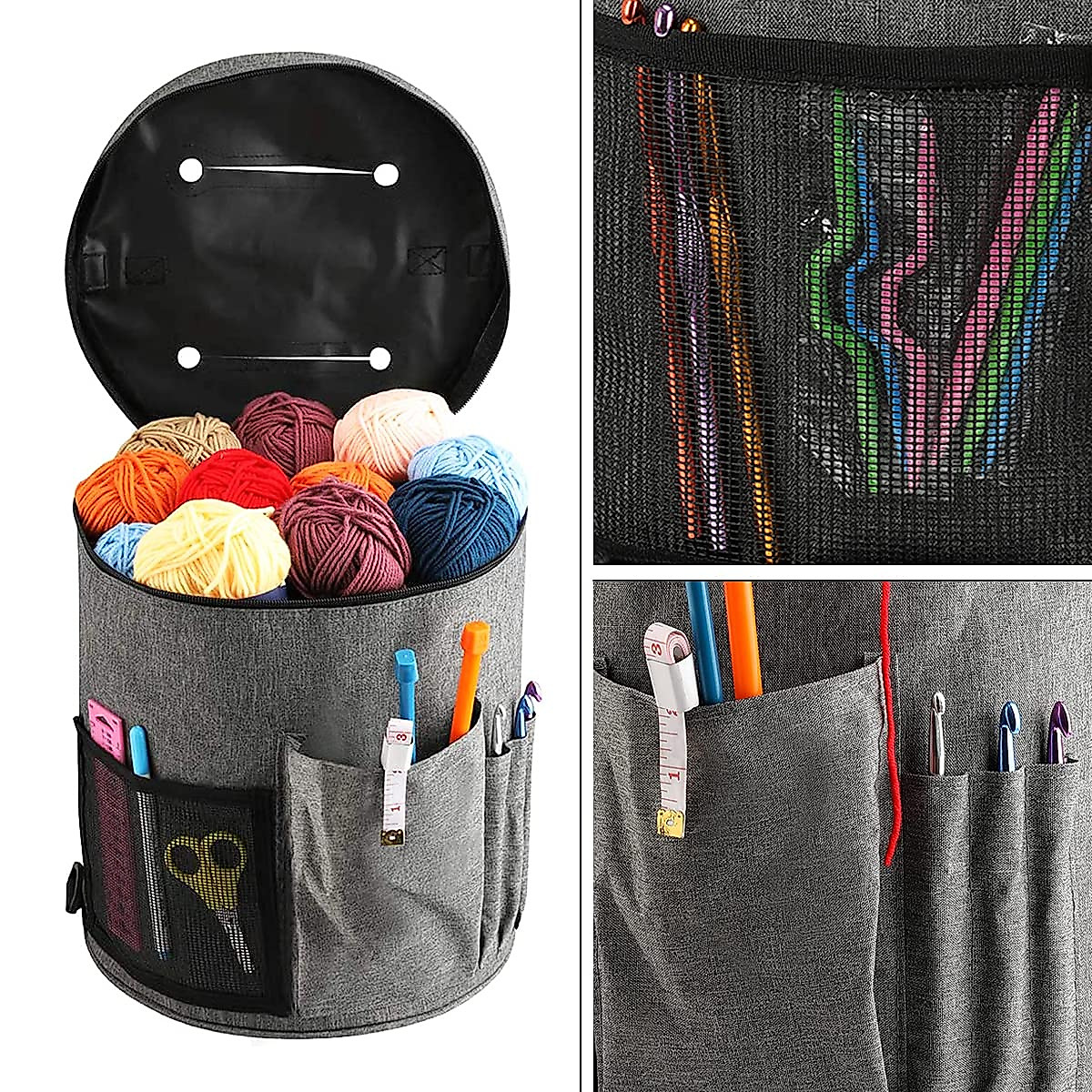 Weabetfu Large Capacity Portable Yarn Organizer Knitting Tote Storage Bag with Shoulder Strap Yarn Bags Have Pocket for Crochet Hooks,Knitting Needles & Accessories,Prevent Yarn Tangle(Grey)