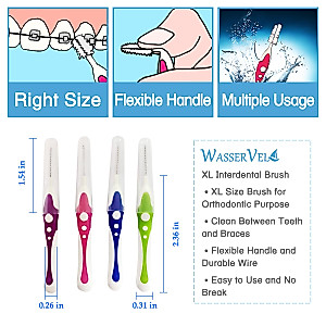 Wasser Vela 16pcs XL Size Orthodontic Interdental Brush, 4 Handle Colors, Clean Between Teeth and Braces, Flexible Handle and Durable Wire, Easy to Use and No Break (Started Pack)