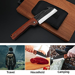 zarfand Folding Cleaver, Pocket Folding Chef Knife with Forged Steel Blade, Folding kitchen knife with Solid wood Handle Camping BBQ trip Outdoor Portable kitchen knife with Bottle Opener. (Type-A)