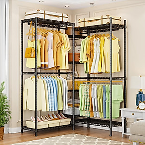 Ulif E4 Clothes Rack, Heavy-Duty Garment Rack, Metal Freestanding Clothing Organization Storage System Can Be L-Shaped with Shelves and Hangers, Max Load 920lbs, 71.6" W x 14.5" D x 79.3" H, Black