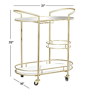 Deco 79 Metal Rolling 1 Glass and 2 Marble Shelves Bar Cart with Lockable Wheels and Mirrored Top, 31" x 16" x 33", Gold