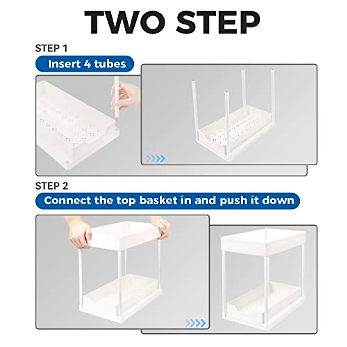Under Sliding Cabinet Basket Organizer, 2-Tier Kitchen Under Sink Storage Drawer Rack Organizer Dust-proof Water-proof, Expandable Under Sink Organizer with 2 Cups and 4 Hooks, White