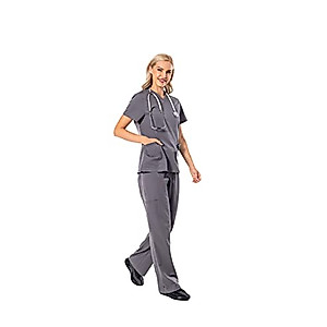 PuriPure Athletic Scrub Set for Women 4-Way Stretch V-Neck Scrub Top with 2 Pockets & cargo Scrub Pant with 5 Pockets (Large, Grey)