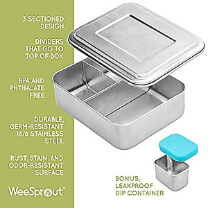 WeeSprout 18/8 Stainless Steel Bento Box (Compact Lunch Box) - 3 Compartment Metal Lunch Containers, for Kids & Adults, Bonus Dip Container, Fits in Lunch Bag & Backpack
