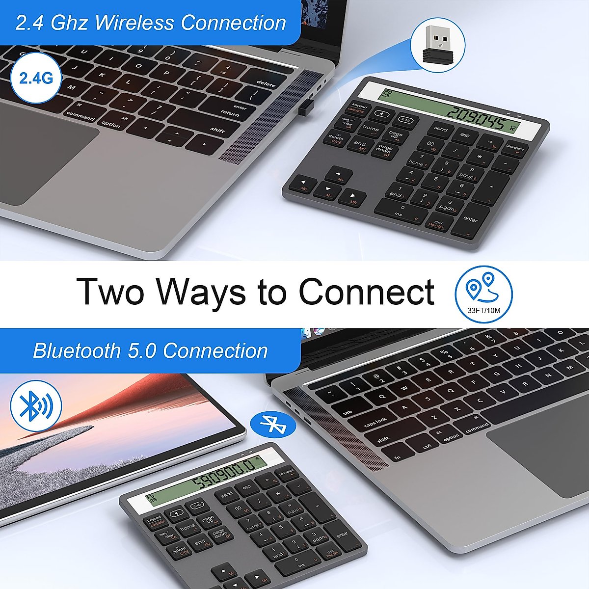 Bluetooth Number Pad - 2.4G Wireless Numeric Keypad with Display Calculator - Wireless Number Pad Slim 34-Key Portable Financial Accounting Numpad Data Entry & Calculation 2in1 for Laptop Desktop PC