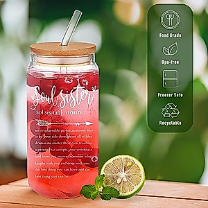 Roeni Friend Gifts for Women - Soul Sister Gifts for Female Friends - Friendship Gifts for Her Birthday - Bestie Cup for Christmas Gift - 16oz Glass Coffee Cup with Lid