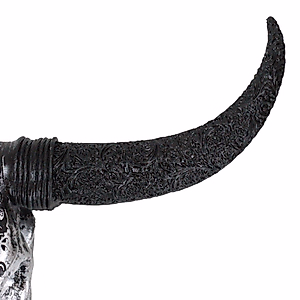 Ebros Gift Silver and Black Tribal Floral Vines Tooled Steer Bison Bull Cow Skull Head with Horns Wall Mount Decor Artistic Replica Native Animal Bust Skulls Hanging Mounted Plaque Sculpture