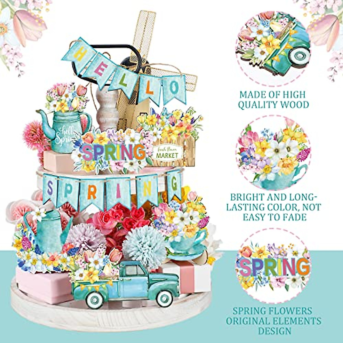 18 Pieces Hello Spring Tiered Tray Decor Easter Tiered Tray Decorations Fresh Flower Market Wooden 3D Sign Farmhouse Mini Spring Decor for Holiday Kitchen Home Easter Spring Party Decor(Null)