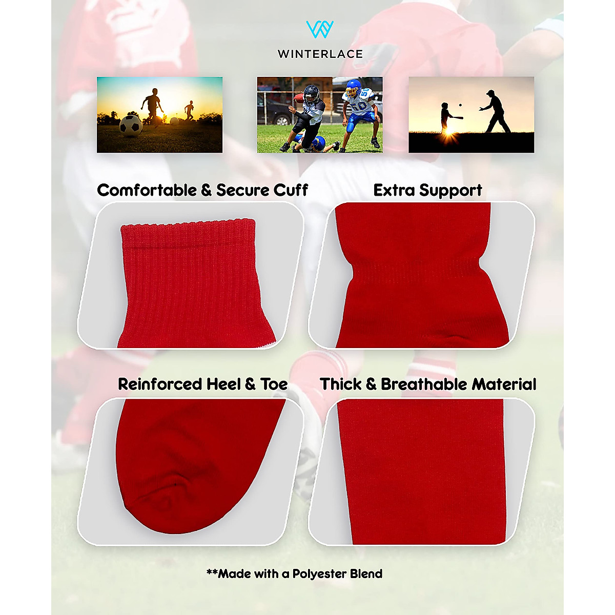 Winterlace Kids Soccer Socks, 6 Pairs for Boys Girls, Youth Knee High Athletic Sports Football Gym School Team Pack Children (as1, alpha, s, regular, Assorted)