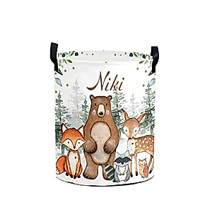 Greenery Woodland Forest Animals Laundry Basket Personalized with Name Laundry Hamper with Handle Organizer Storage Bin Bedroom Decor for Boys Girls Adults