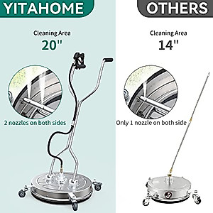 YITAHOME Pressure Washer Surface Cleaner, 20" Dual Handle with 4 Nozzles, High Pressure Cleaner for Driveways, Sidewalks, Patios, Decks Stainless Steel Housing & 3/8" Quick Connector, Max 4500 PSI