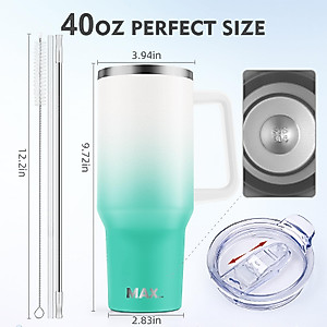 MaxBase 40 oz Tumbler with Handle and Straw Lid, Insulated Reusable Stainless Steel Travel Mug Keeps Drinks Cold up to 34 Hours, 100% Leakproof Bottle for Water, Iced Tea or Coffee, Smoothie and More