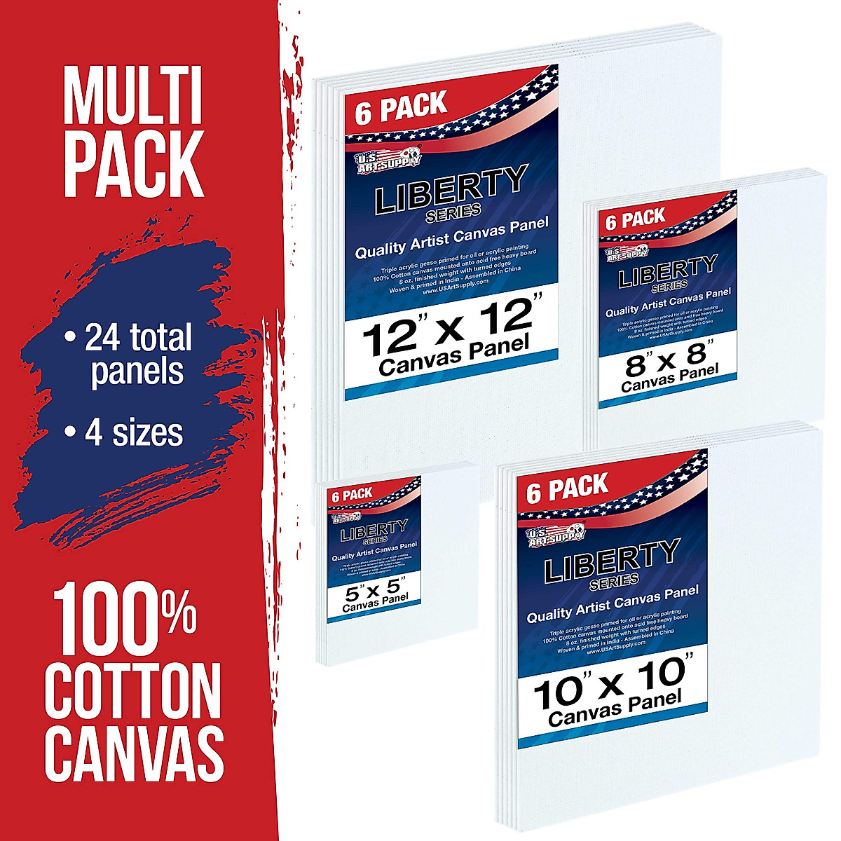 U.S. Art Supply Multi-Pack 6-Ea of 5 x 5, 8 x 8, 10 x 10, 12 x 12 inch. Professional Quality Square Artist Canvas Panel Board Assortment Pack (24 Total Panel Boards)