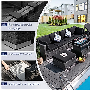 BULEXYARD Large High Back Grey Rattan Patio Furniture Set with Propane/Gas Fire Pit Table, Luxury Deep Wide Seat Outdoor Sectional Sofa, Modern Wicker Modular Conversation Couch (7Pcs, Black)